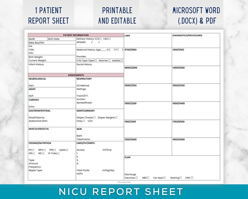 NICU Report Sheet, Baby Nurse Brain, Nicu Brain, Neonatal ICU Nurse ...