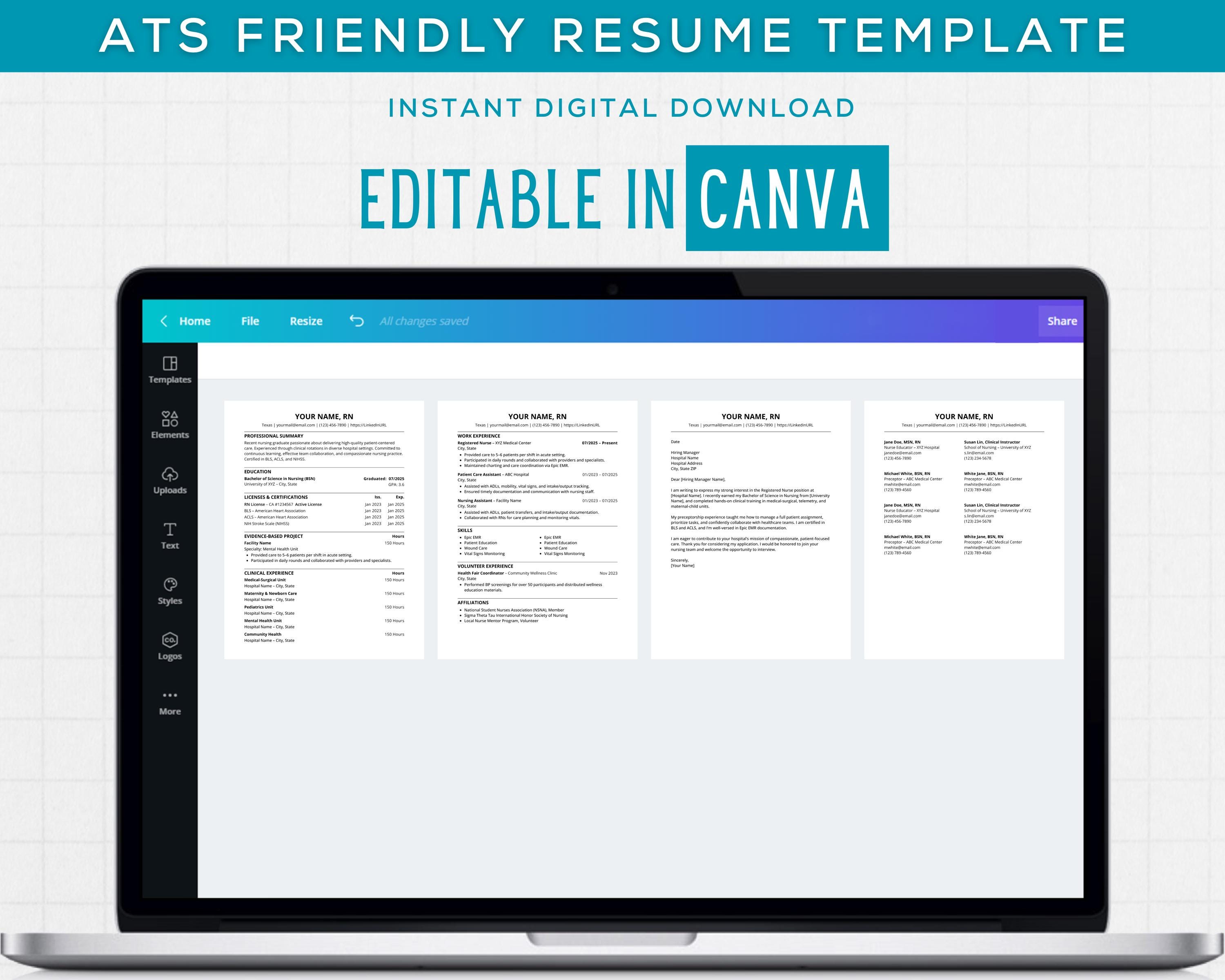 Nurse Resume Template ATS Friendly, Registered Nurse Resume Template RN ...