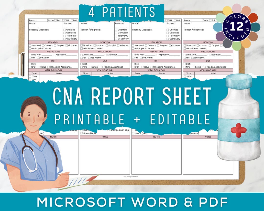 CNA Shift Report Sheet for 4 Patients, Nursing Assistant Brain Sheet ...