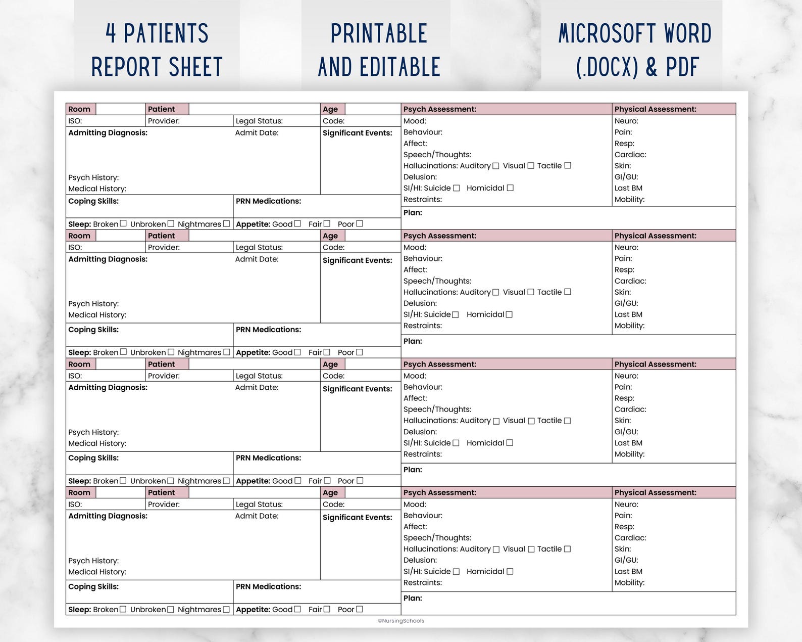 Psych Nurse Report Sheet for 4 Patients, Mental Health Handoff ...