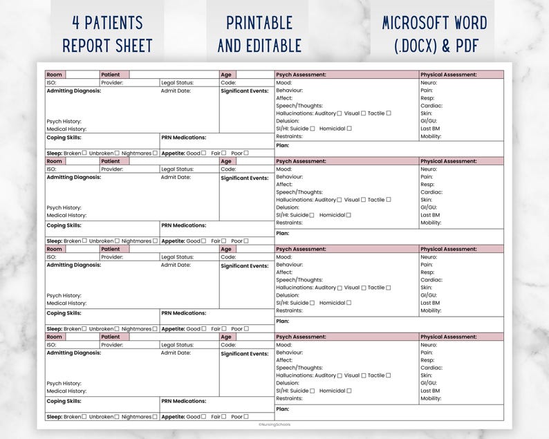Psych Nurse Report Sheet for 4 Patients, Mental Health Handoff, Psychiatric Nurse Brain ...