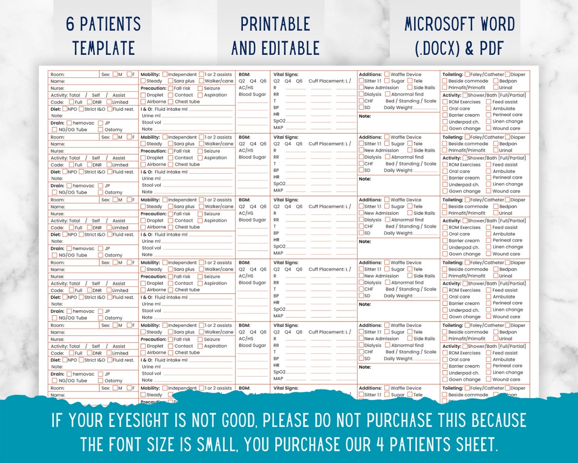 CNA Brain Sheet for 6 Patients, Certified Nursing Assistant, Cna Tech ...