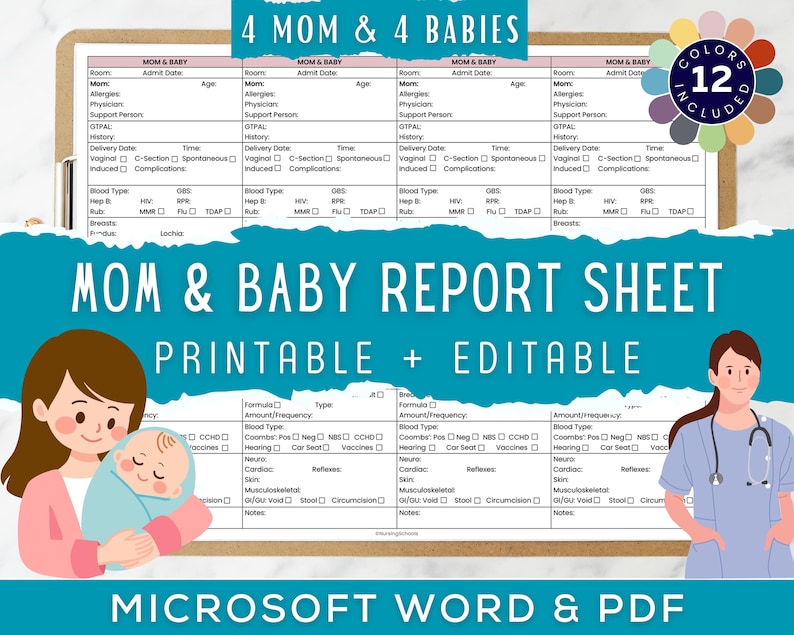 Mom & Baby Nurse Brain Report Sheet, 4 Mom and 4 Babies, Postpartum ...