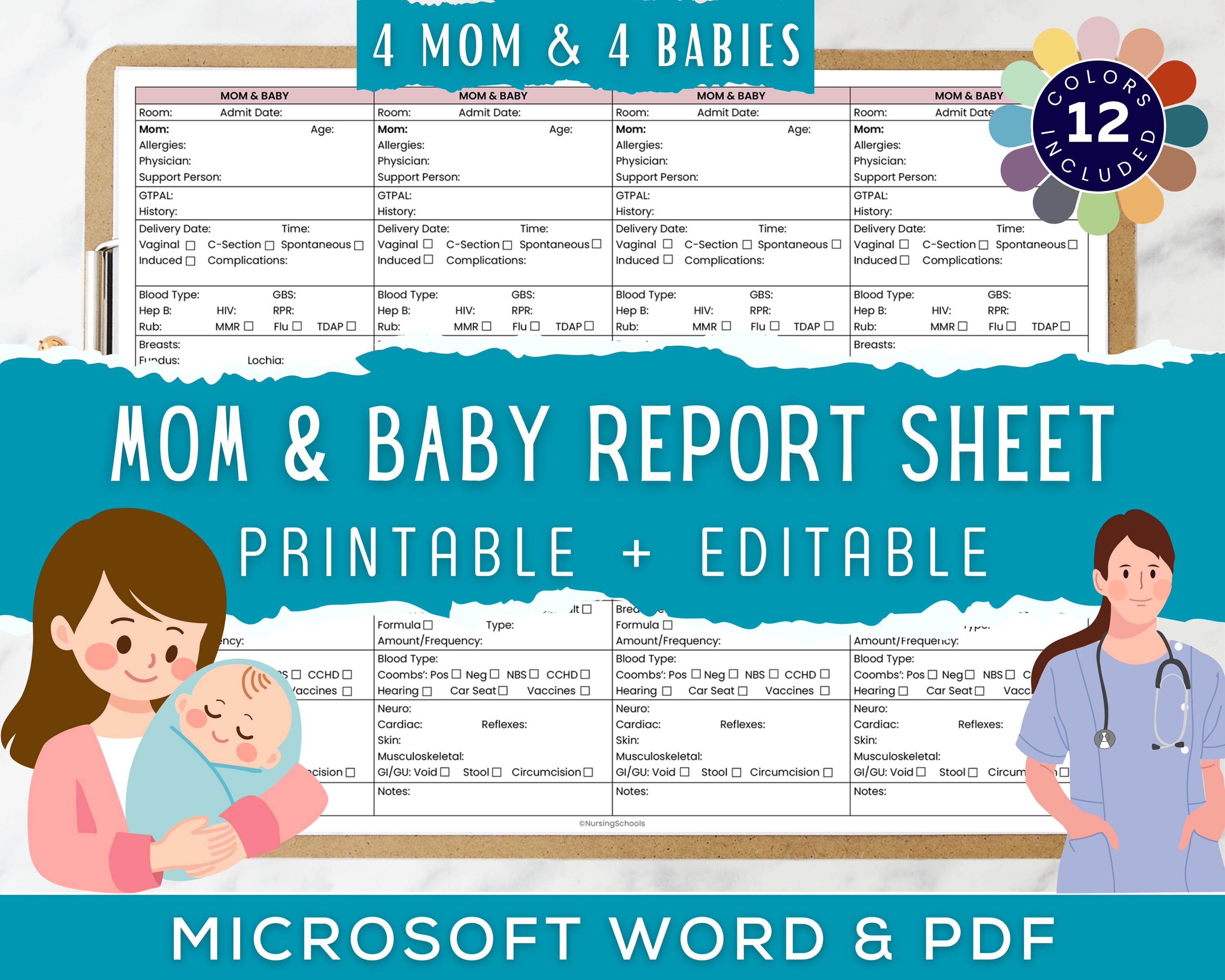 Mom & Baby Nurse Brain Report Sheet, 4 Mom and 4 Babies, Postpartum ...