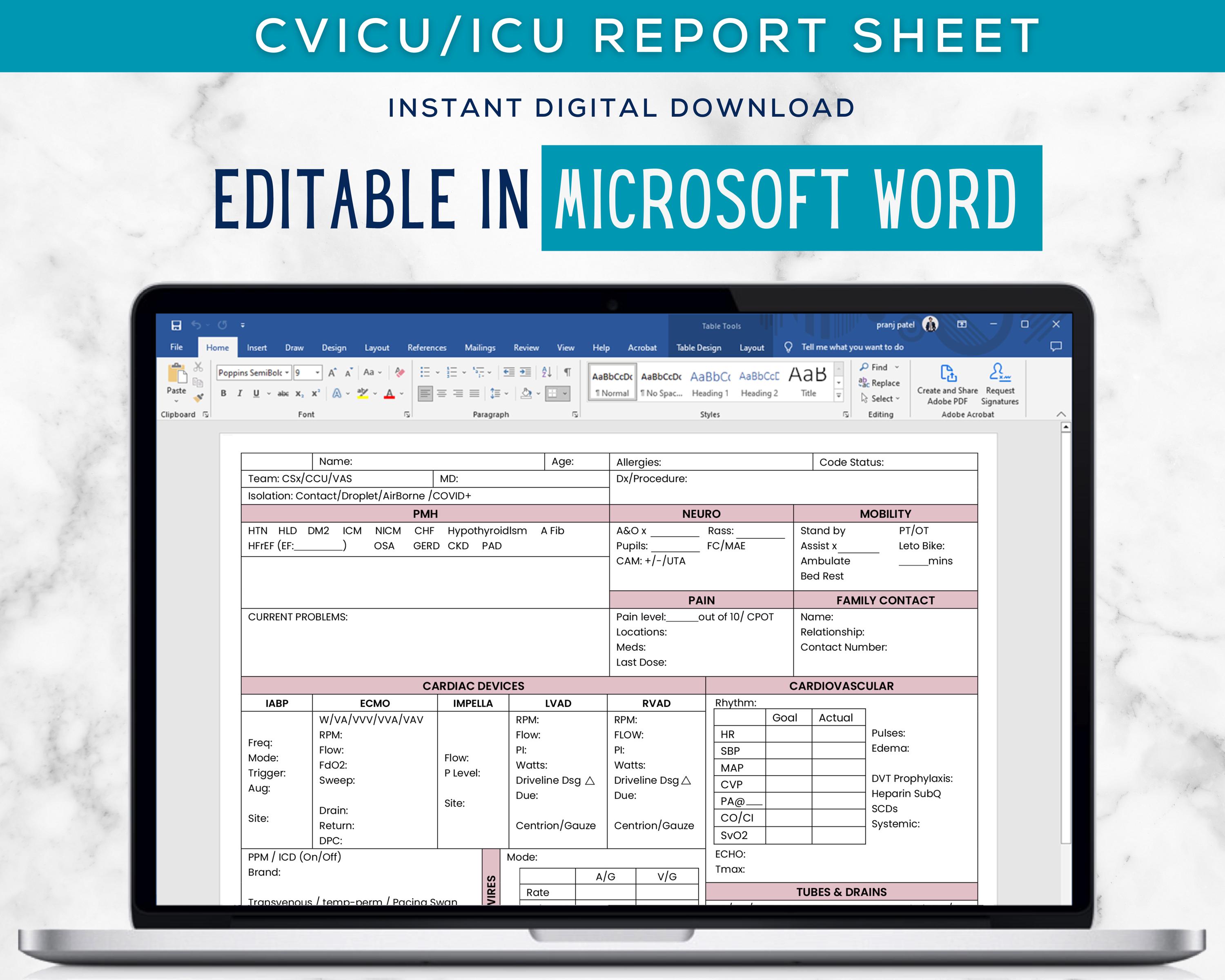 ICU Nurse Report Sheet for CVICU, Critical Care Cticu Handoff Report ...
