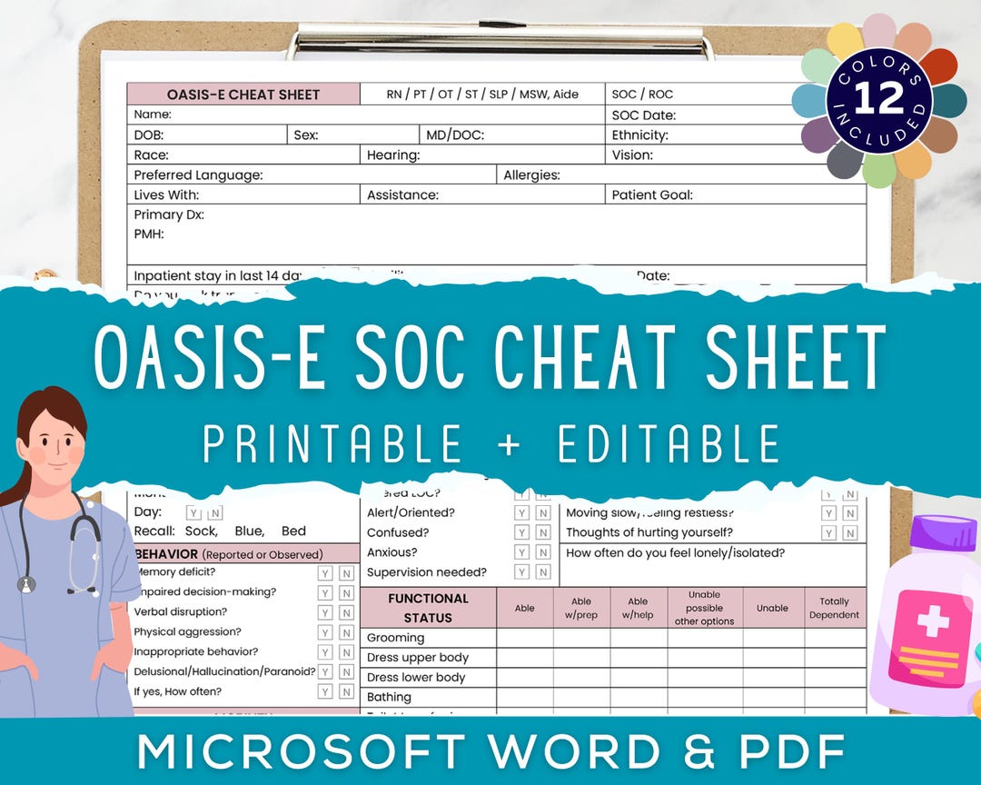 OASIS-E Cheat Sheet, OASIS Home Health Nurse Toolkit, SOC, Start of Care Template, Home Health ...