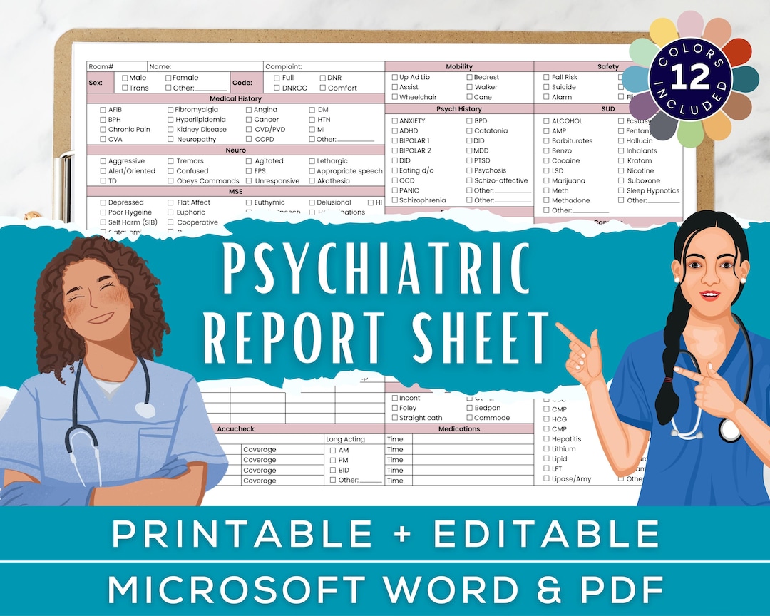 Psychiatric Nursing Report Sheet, Behavioral Health, 2 Patient Psych ...
