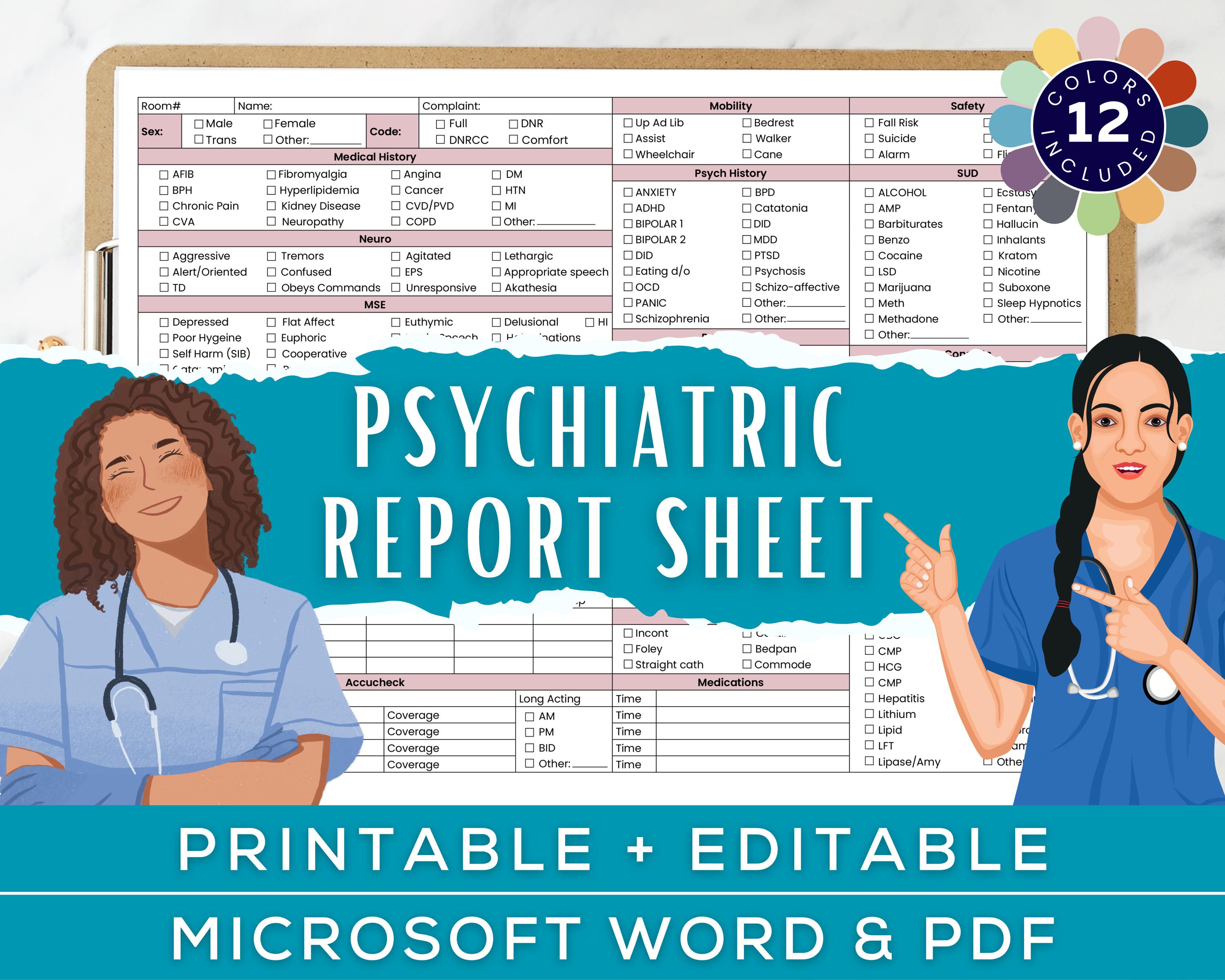 Psychiatric Nursing Report Sheet, Behavioral Health, 2 Patient Psych ...