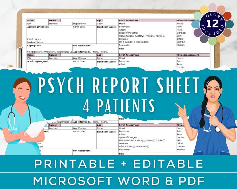 Psych Nurse Report Sheet for 4 Patients, Mental Health Handoff ...