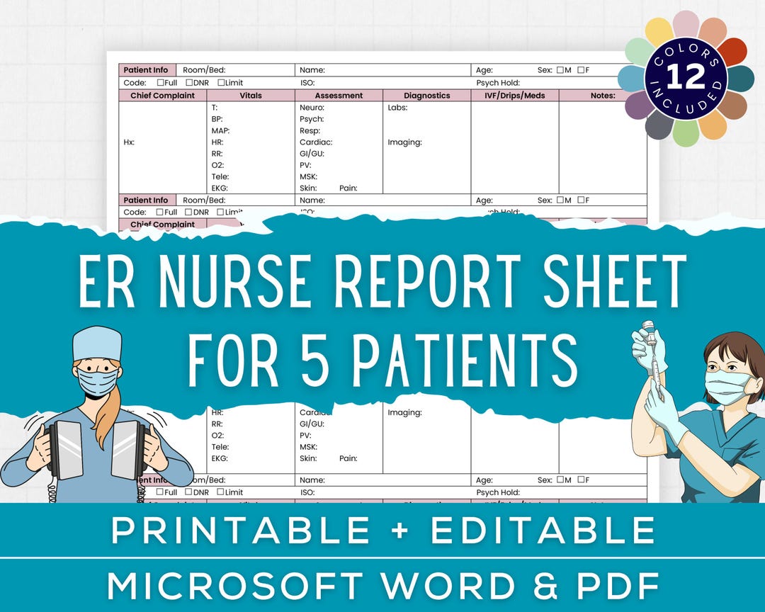 ER Nurse Brain Report Sheet for 5 Patients, Emergency Room Nurse Brain ...