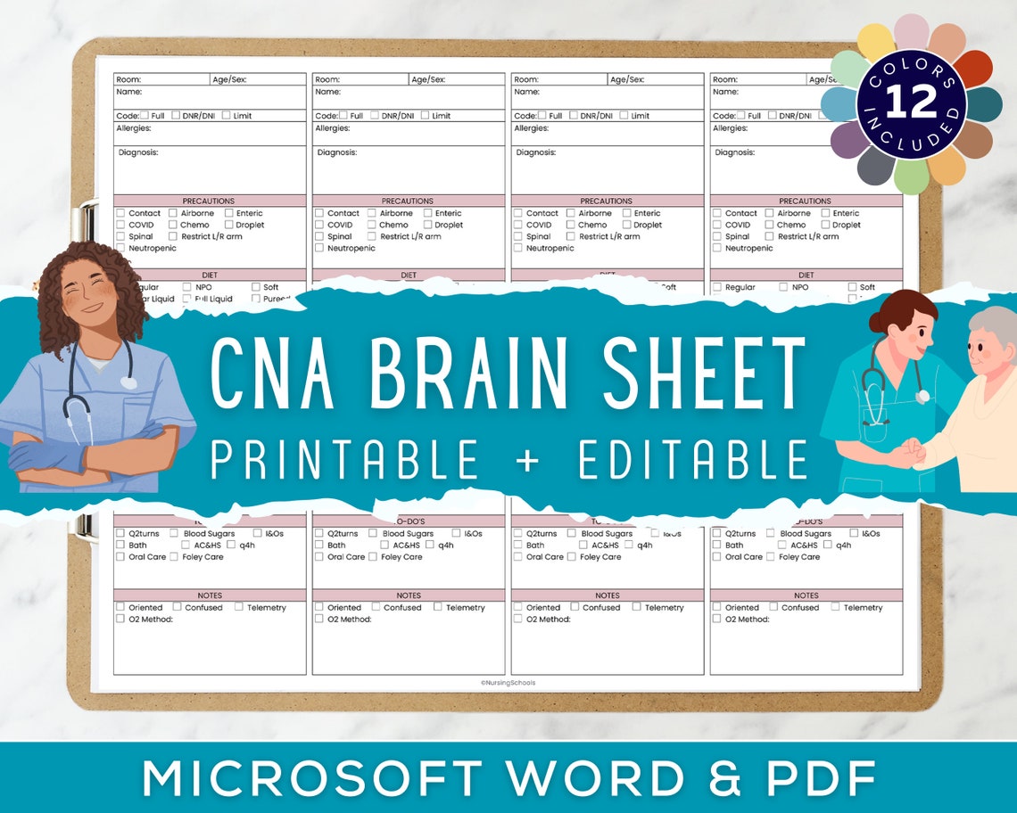 CNA Brain Sheet for 4 Patients, Certified Nursing Assistant, Cna Tech ...