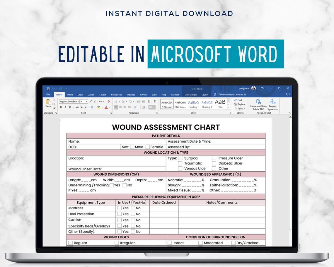 Wound Assessment Chart for Nurses, Medical Wound Care, Wound Management ...