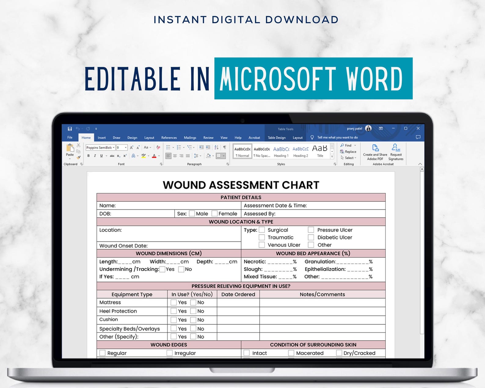 Wound Assessment Chart for Nurses, Medical Wound Care, Wound Management ...