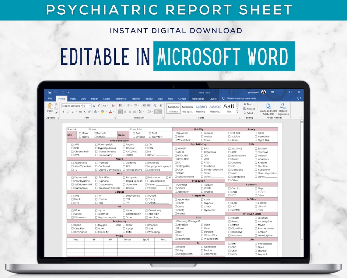 Psychiatric Nursing Report Sheet, Behavioral Health, 2 Patient Psych ...