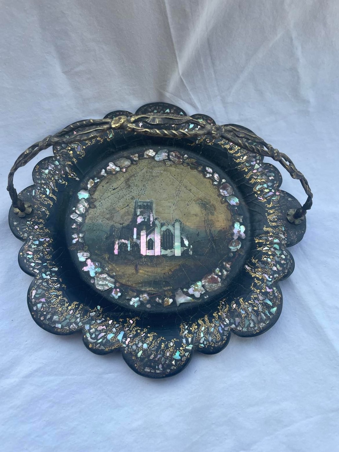 19th Century Antique Gothic Paper Mache Handled Basket With Gothic ...