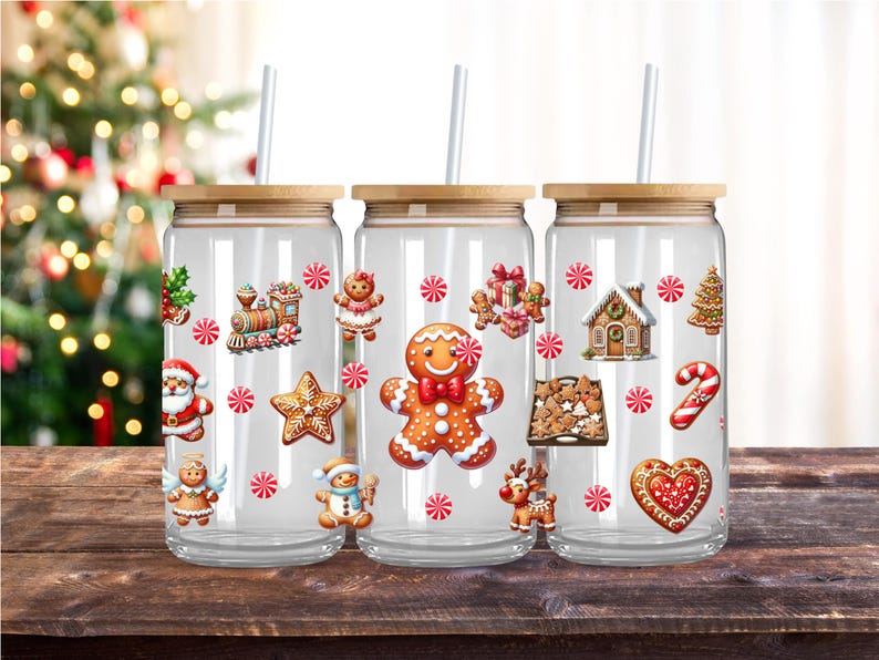 Christmas Gingerbread Man Libbey Glass Wrap UV DTF Transfer 16oz Cup ...