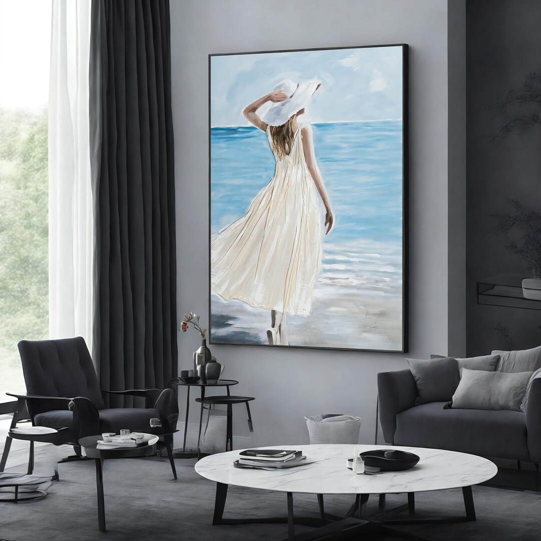 Pretty Lady on the Beach Canvas Painting, Minimalist Print, Wall Art ...