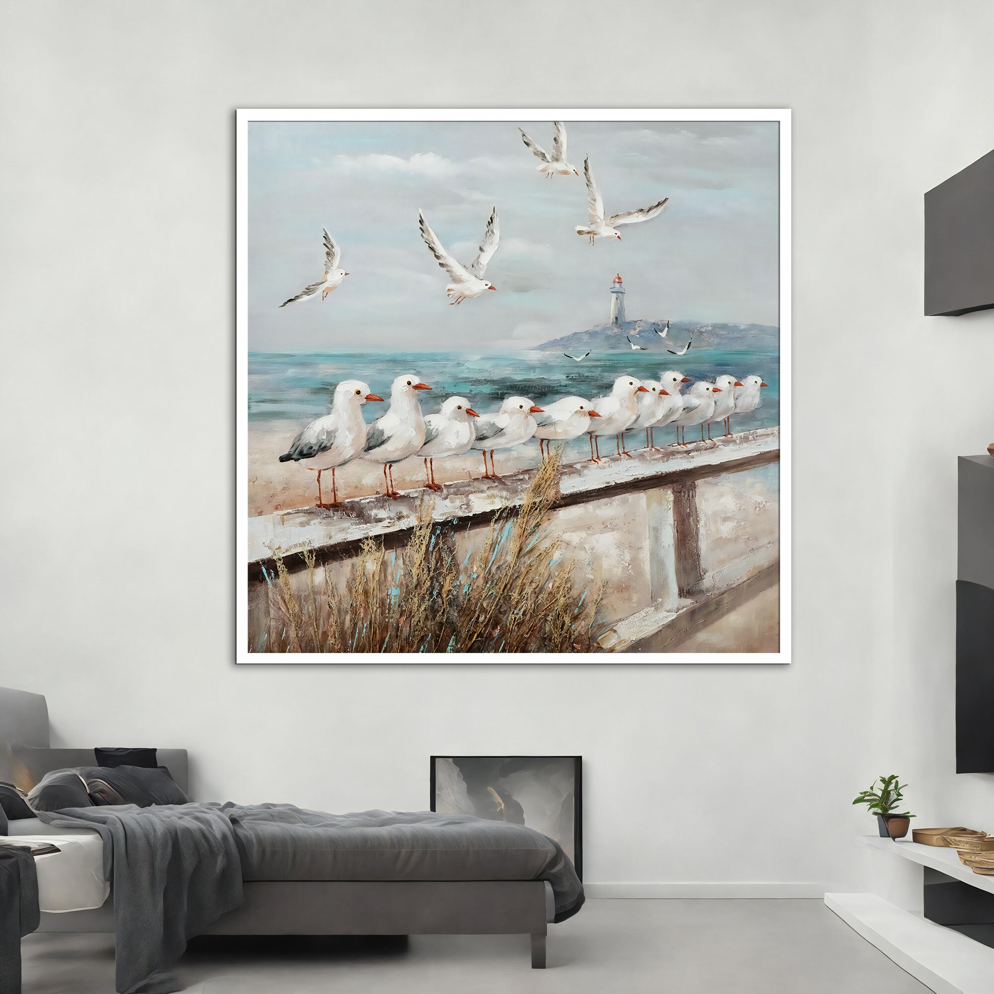 Seagull Wall Art White Painting Canvas Prints Birds Beach Themed ...
