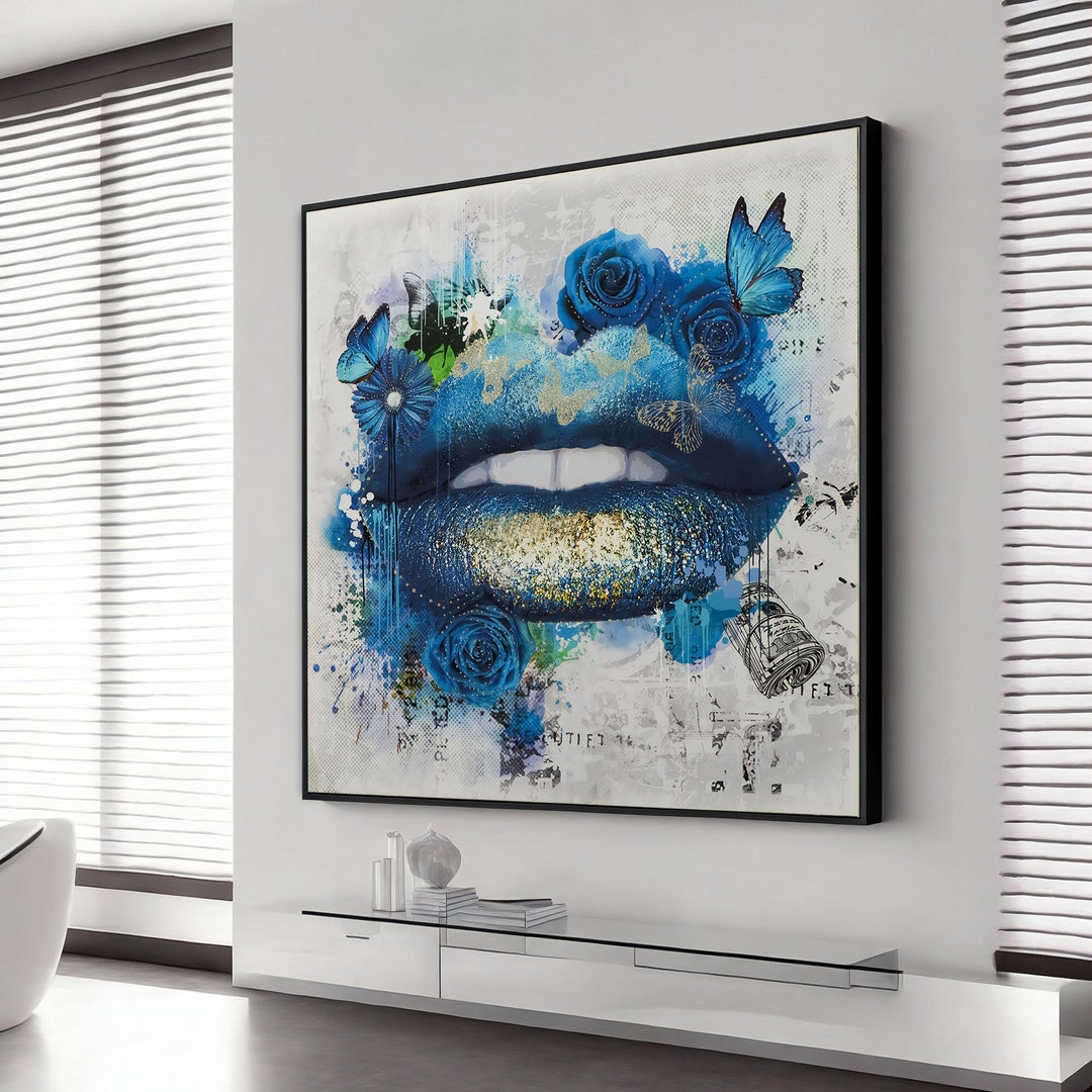 Graffiti Lip Canvas, Pop Art Lip Painting, Artistic Lip Art, Blue Lip ...