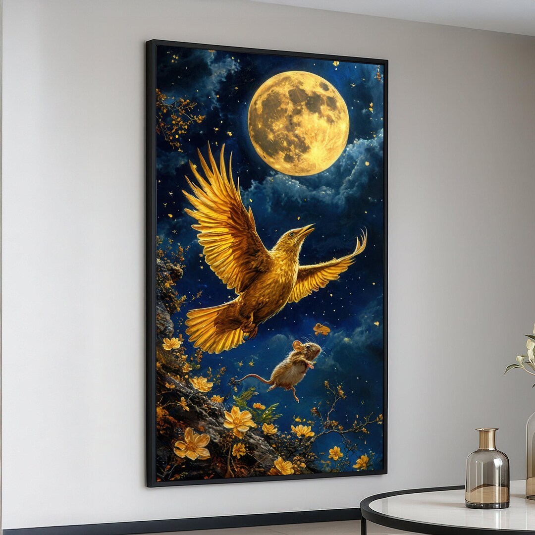 Golden Bird and Mouse Under Full Moon Canvas, Magical Night Sky Wall ...