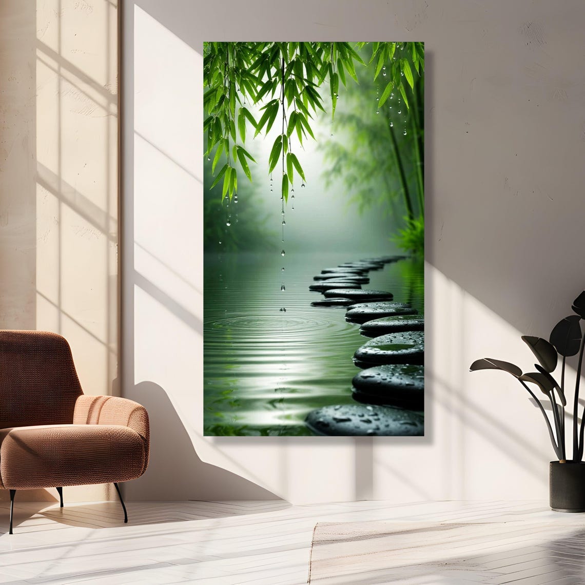 Calm Zen Pathway Canvas, Bamboo Leaves With Water Droplets, Tranquil ...