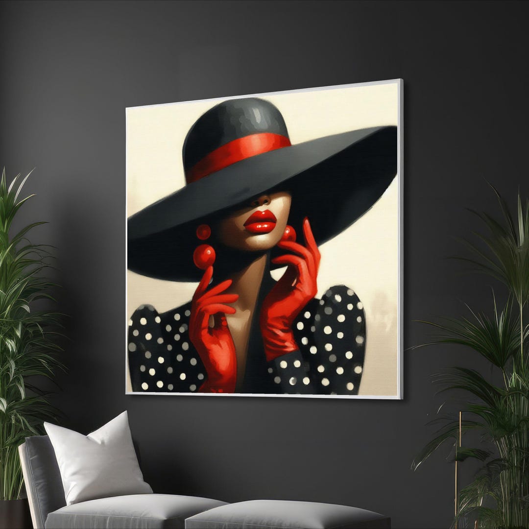 Elegant Woman Portrait Canvas, Retro Fashion Wall Art, Black Wide Brim ...