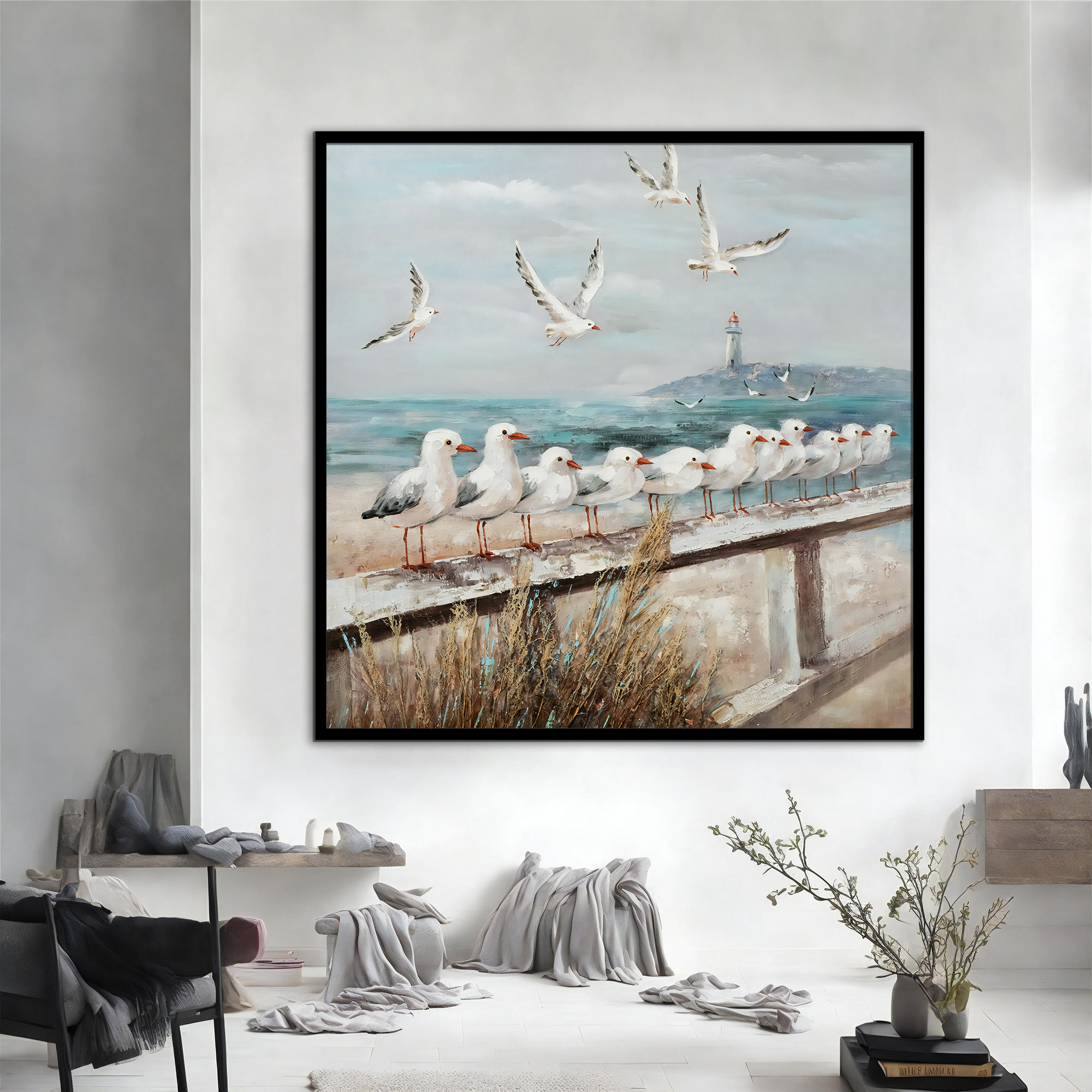 Seagull Wall Art White Painting Canvas Prints Birds Beach Themed ...