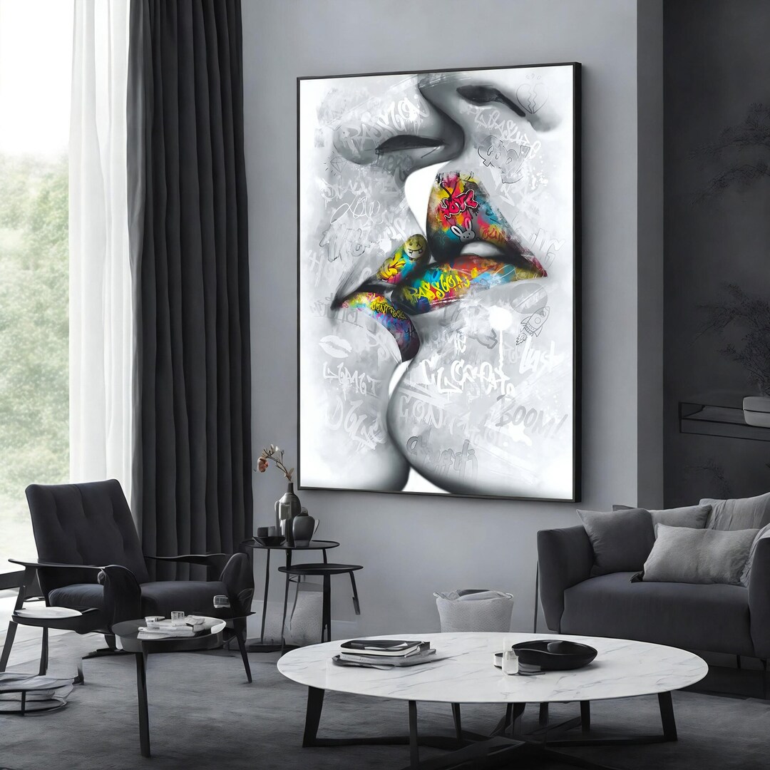 Abstract Kissing Painting, Kissing Couple Canvas, Lips Painting ...