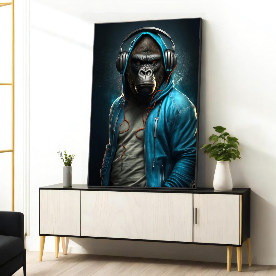 Portrait of Cool Chimpanzee With Ears - Unique Monkey Canvas Painting ...