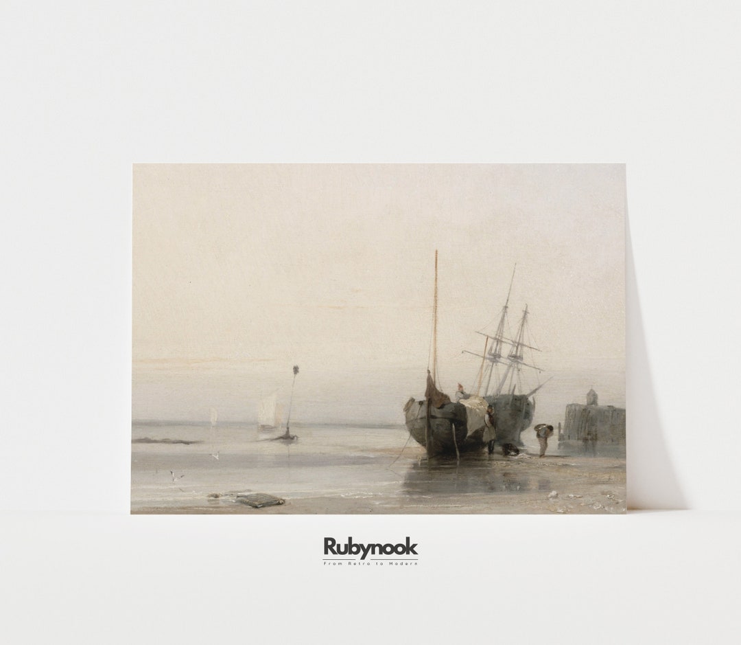 PRINTABLE Vintage Ship Painting, Harbor Calm Tranquil Maritime Art ...