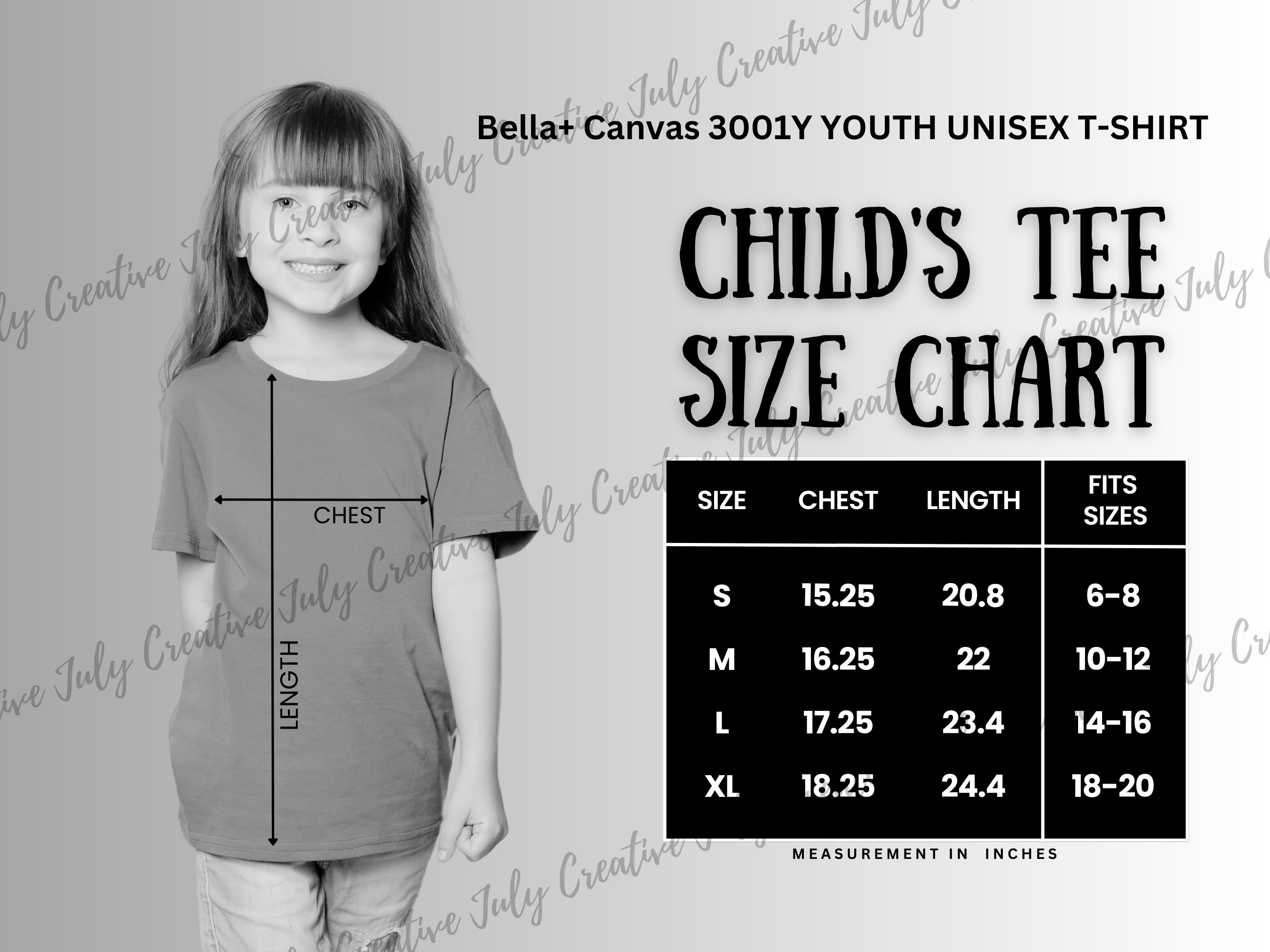 Size Chart Bella Canvas 3001Y Youth Kids Jersey Shirt Size Guide Mockup ...
