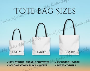 AOP Tote Bag Size Chart, White Tote Bag Size Chart, AOP Canvas Tote Bag Mockup, Tote Bag Size ...