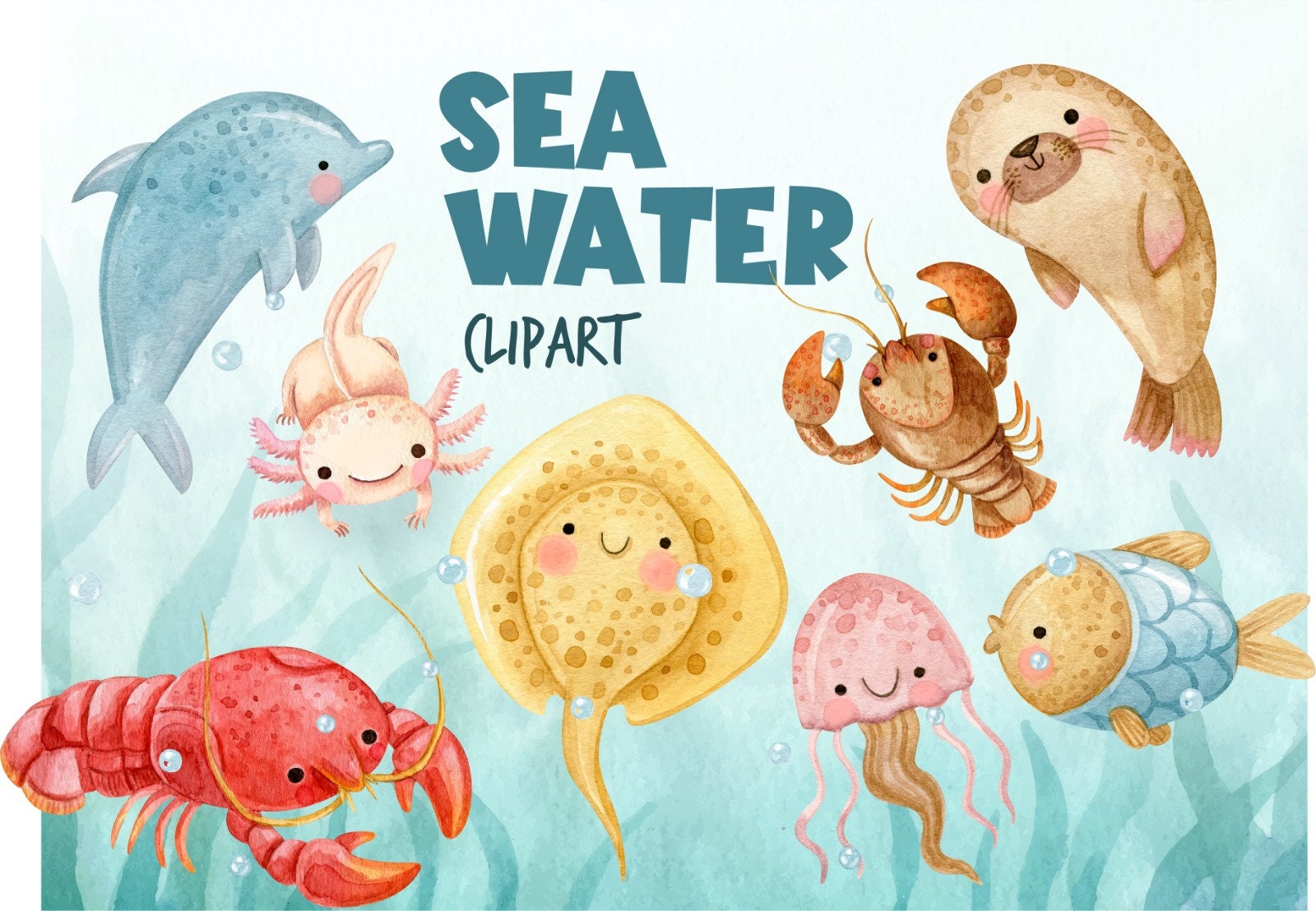 Sea Watercolour Clipart, Watercolor Sea Animals Clipart, Cute Ocean ...