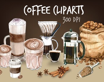 Watercolor Coffee Clipart, Coffee Beans, Cup of Cappuccino, Stains ...