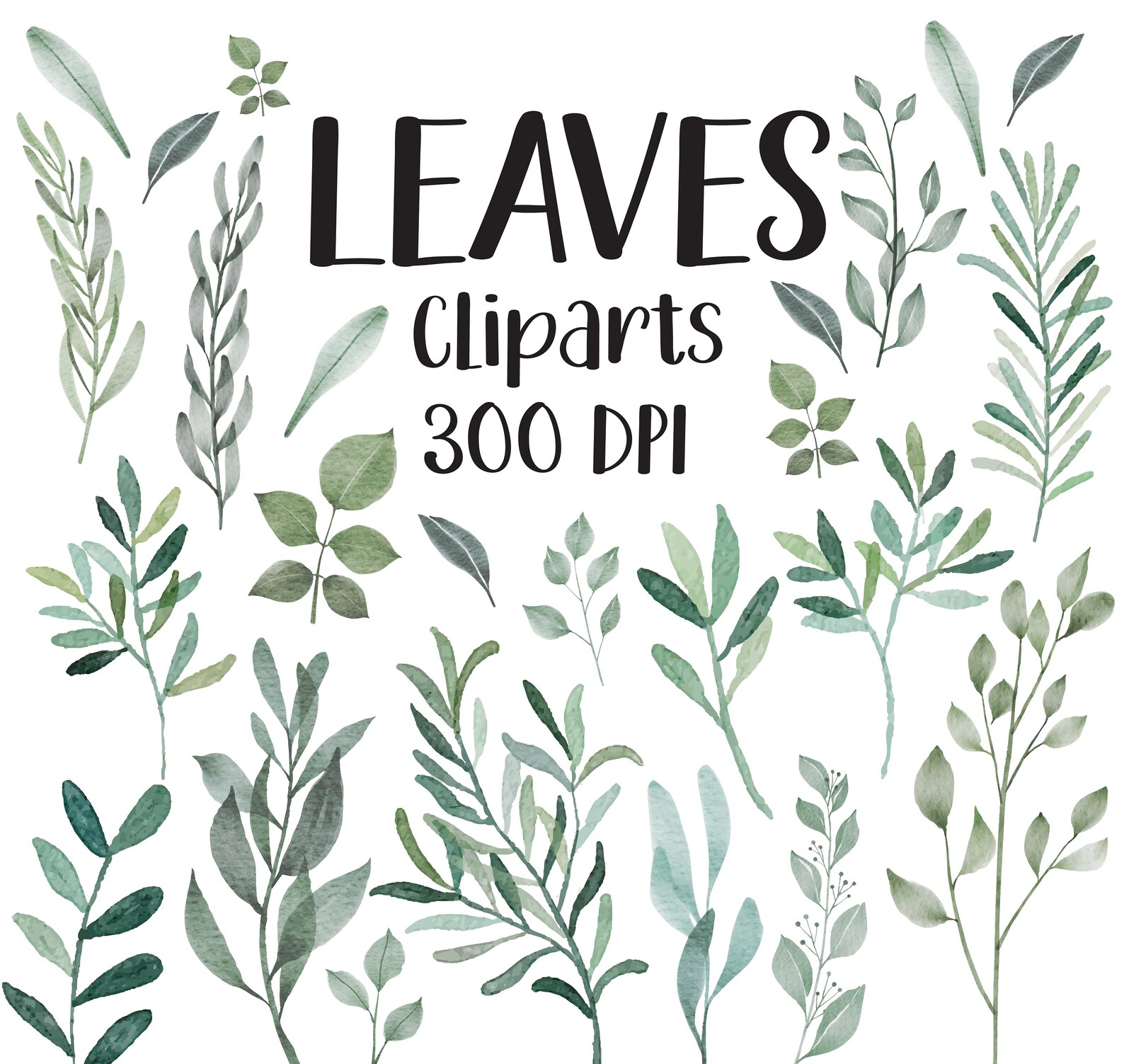 Watercolor Leaves Clipart, Green Leaves Clipart, Green Leaf Clipart ...