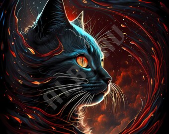 Cosmic Black Cat Full Moon Digital Art Print, AI Generated, Wall Art ...
