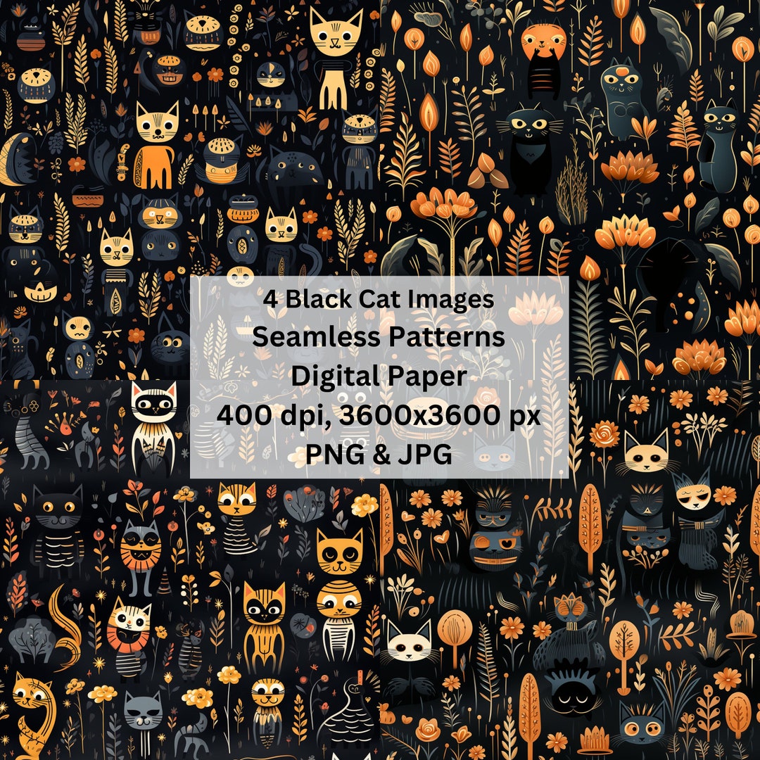 Cute Creepy Black Cats Halloween Digital Paper 3, Seamless Pattern ...