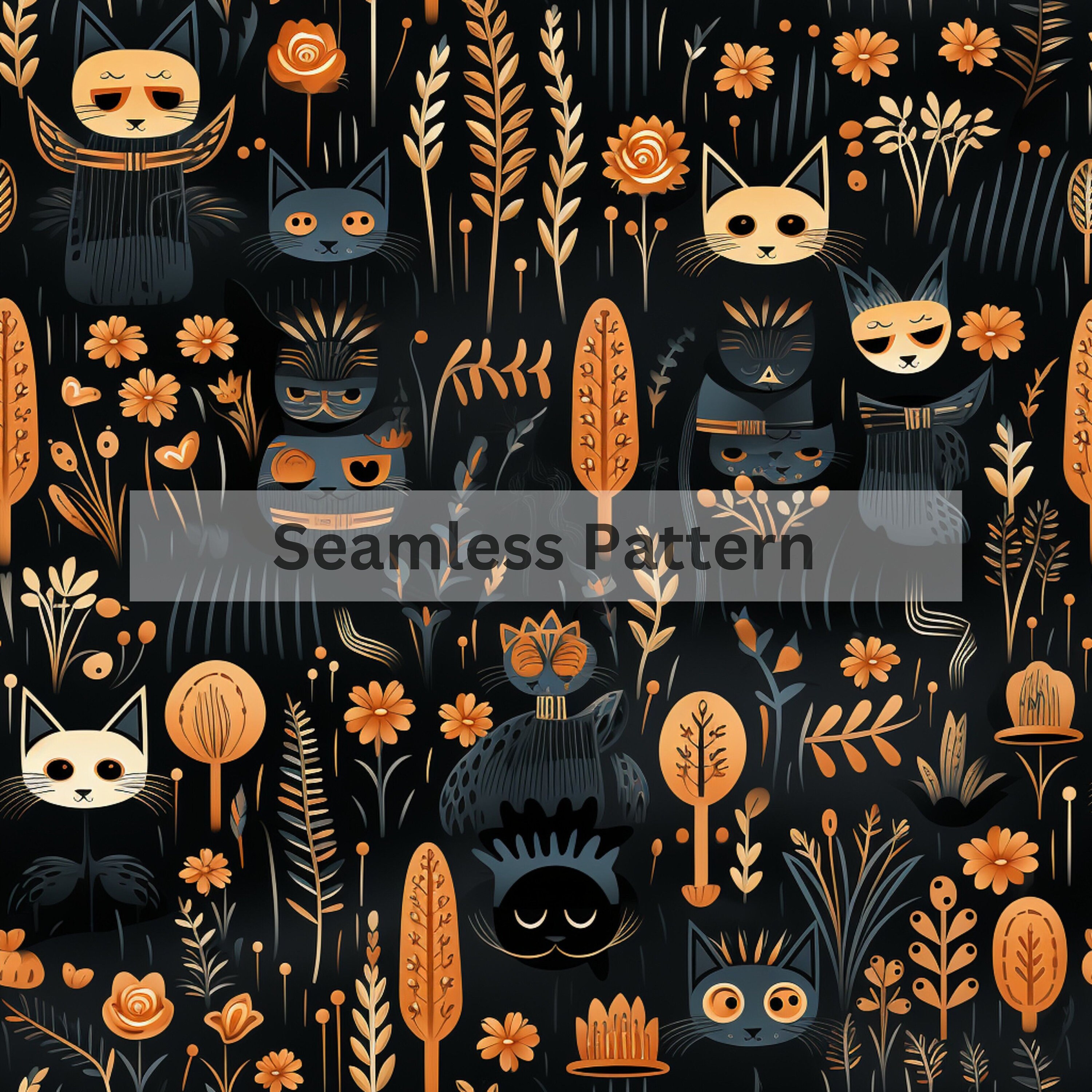 Cute Creepy Black Cats Halloween Digital Paper 3, Seamless Pattern ...