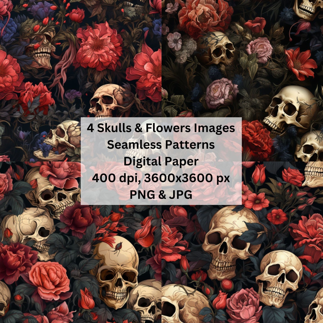 Skulls and Roses 4, Seamless Patterns, Sublimation, Png & Jpg Format ...