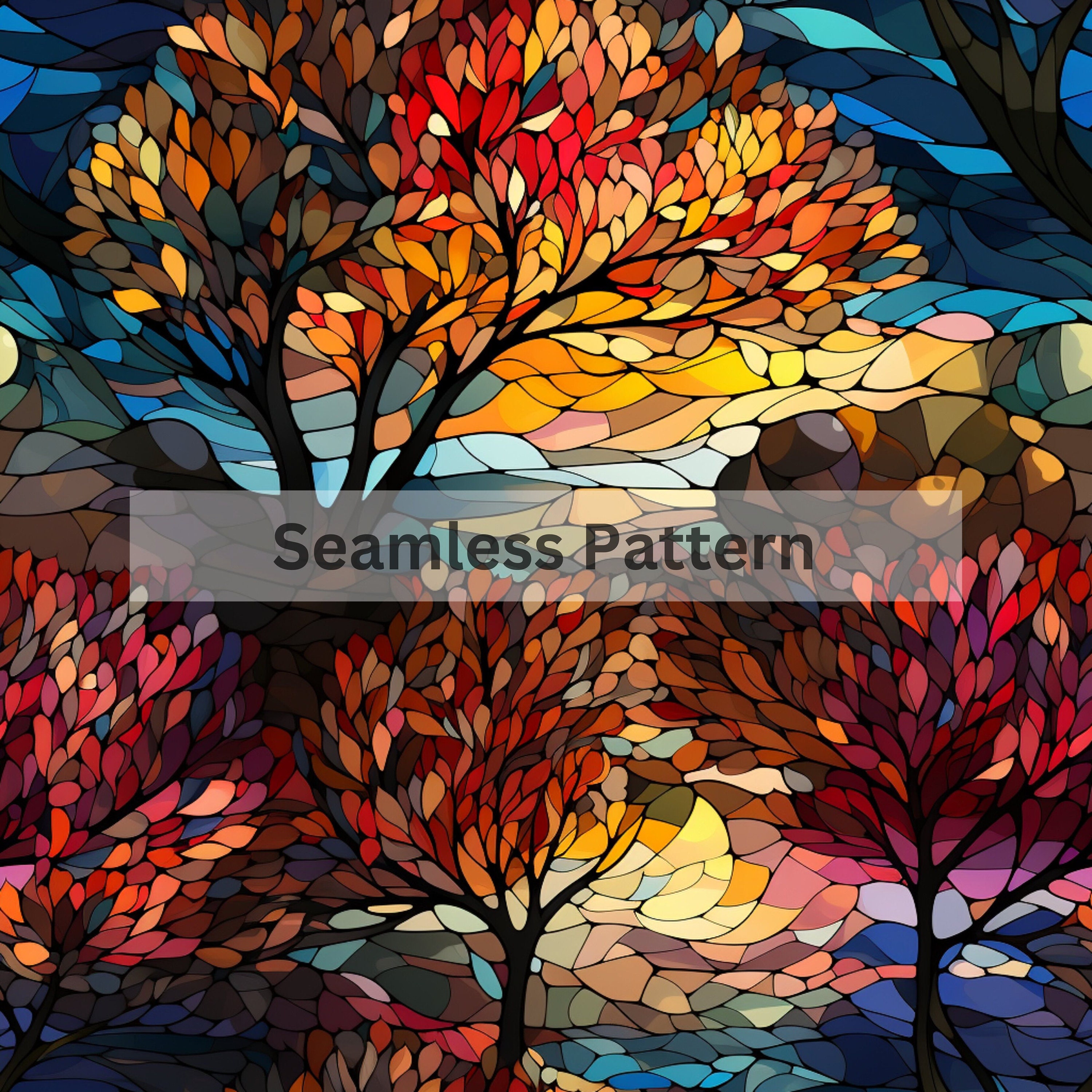 Fall Trees Stained Glass Digital Paper 2, Seamless Pattern Sublimation ...