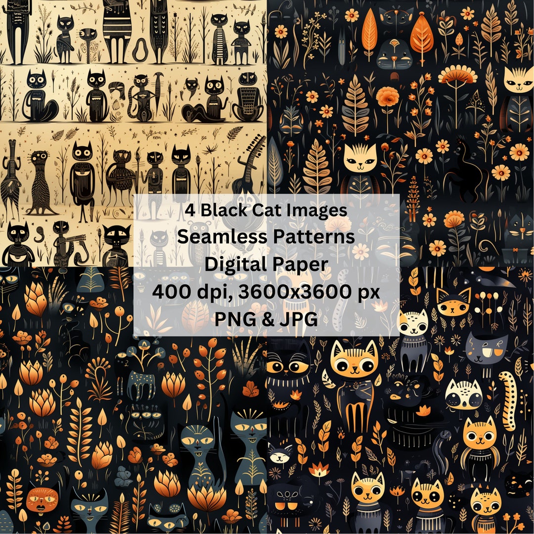 Cute Creepy Black Cats Halloween Digital Paper 1, Seamless Pattern ...