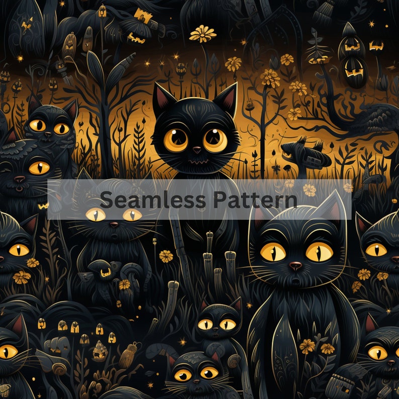 Creepy Black Cats Digital Paper 1, Seamless Pattern Sublimation, Png ...