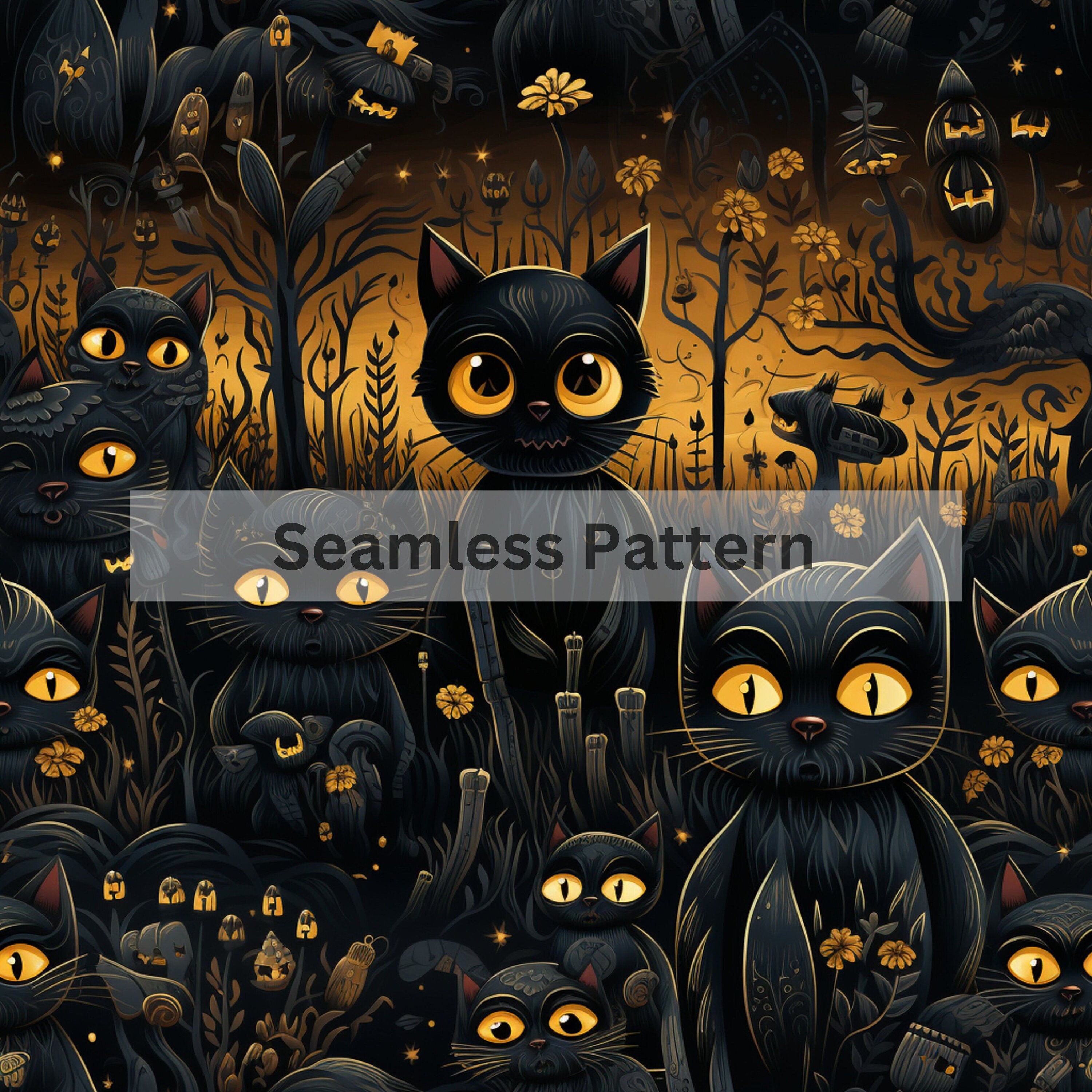 Creepy Black Cats Digital Paper 1, Seamless Pattern Sublimation, Png ...