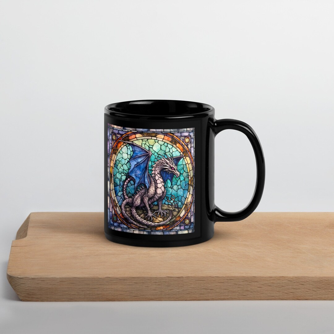 Dragon Mug 4, Stained Glass Black Coffee Mug Tea Cup, Fantasy Creature ...