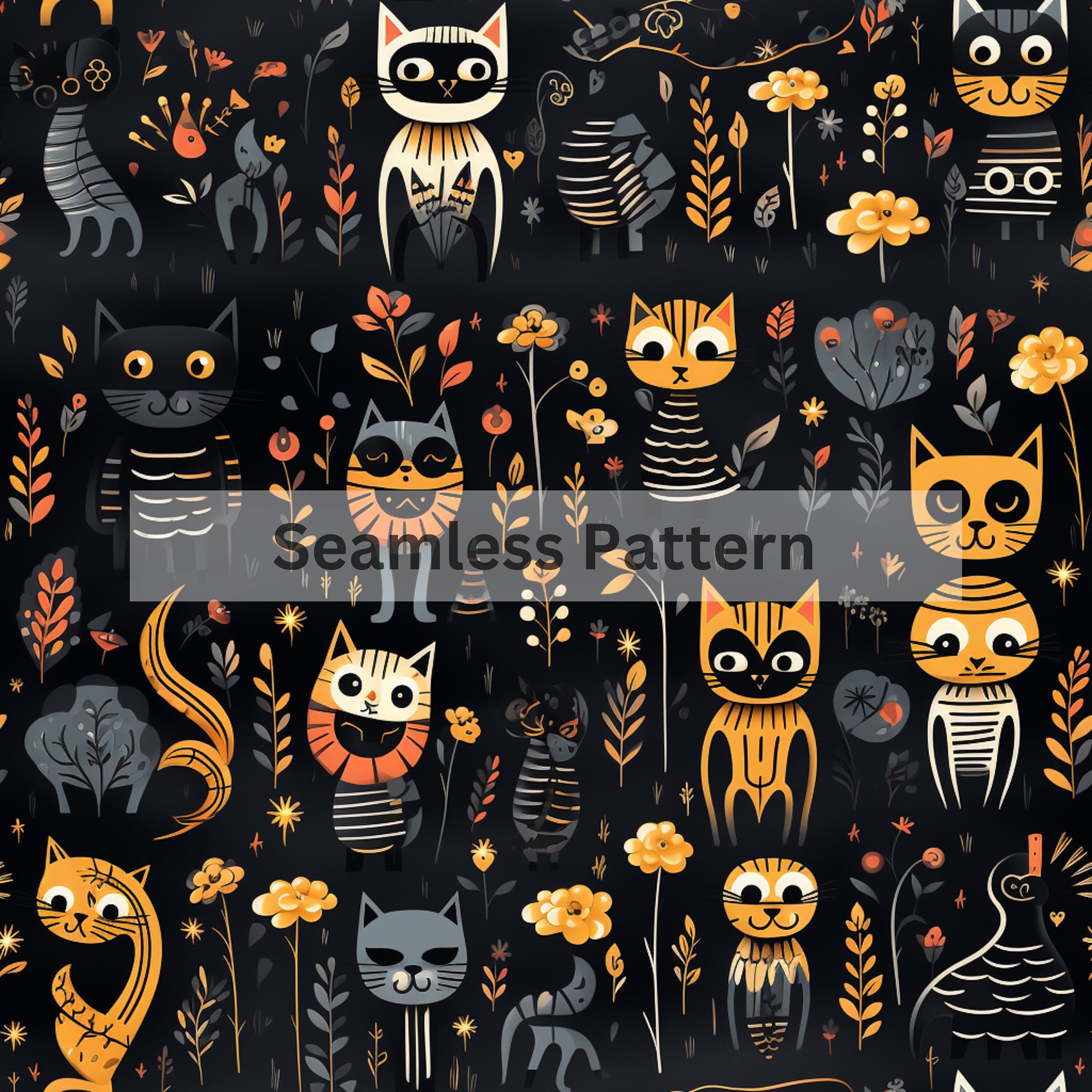 Cute Creepy Black Cats Halloween Digital Paper 3, Seamless Pattern ...