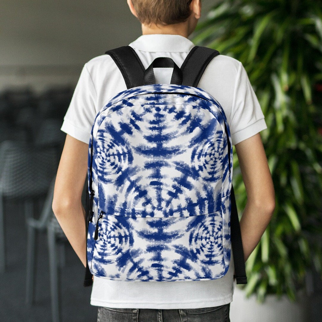 Blue White Geometric Backpack, Retro Tie Dye Back to School Book Bag ...