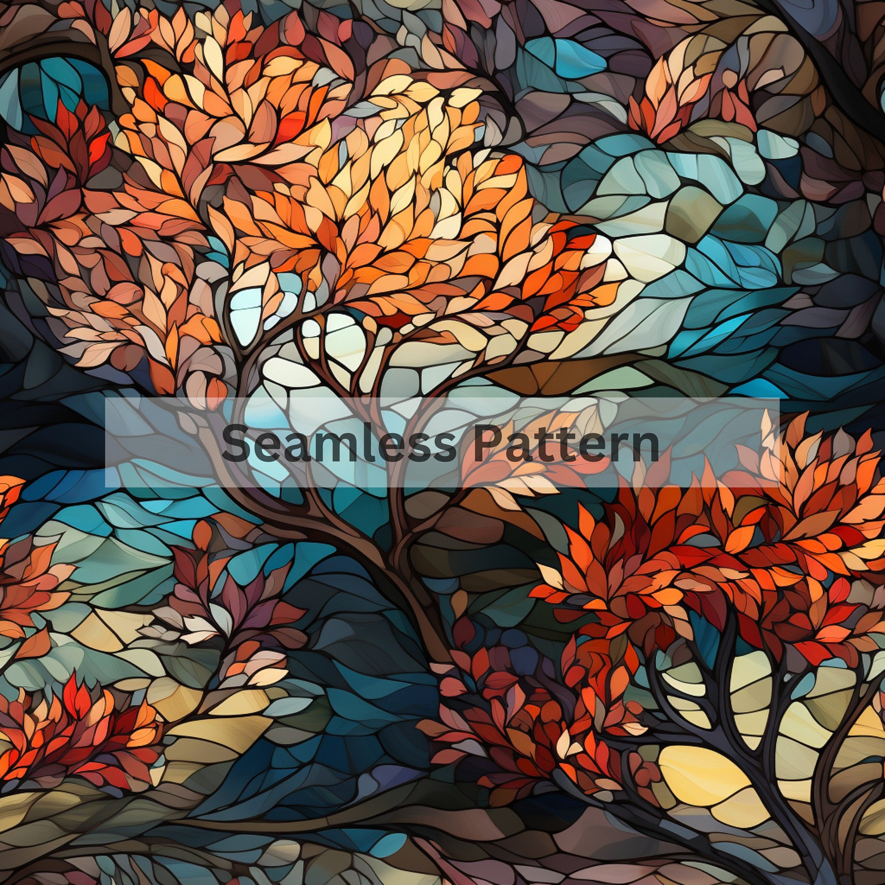 Fall Trees Stained Glass Digital Paper 2, Seamless Pattern Sublimation ...