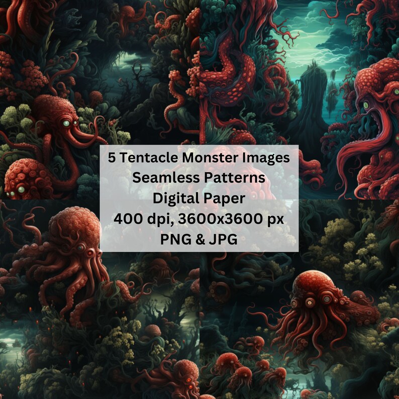 Lovecraftian Tentacle Monsters 5 Seamless Patterns Sublimation Png
