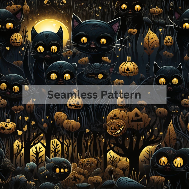 Creepy Black Cats Digital Paper 1, Seamless Pattern Sublimation, Png ...
