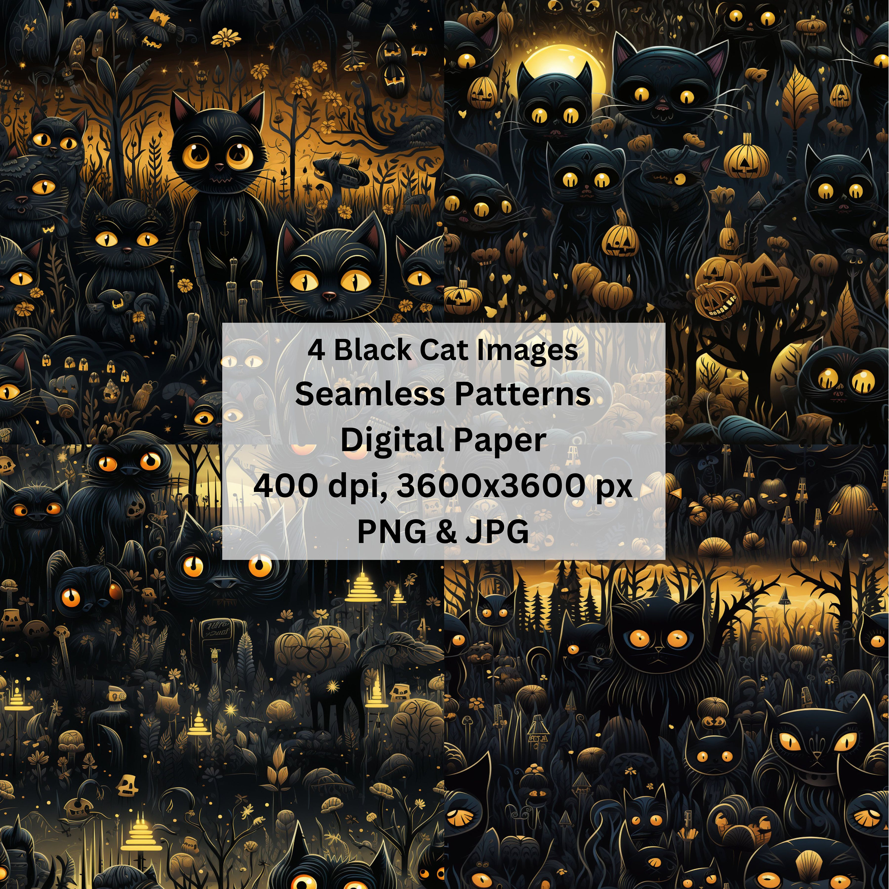 Creepy Black Cats Digital Paper 1, Seamless Pattern Sublimation, Png ...